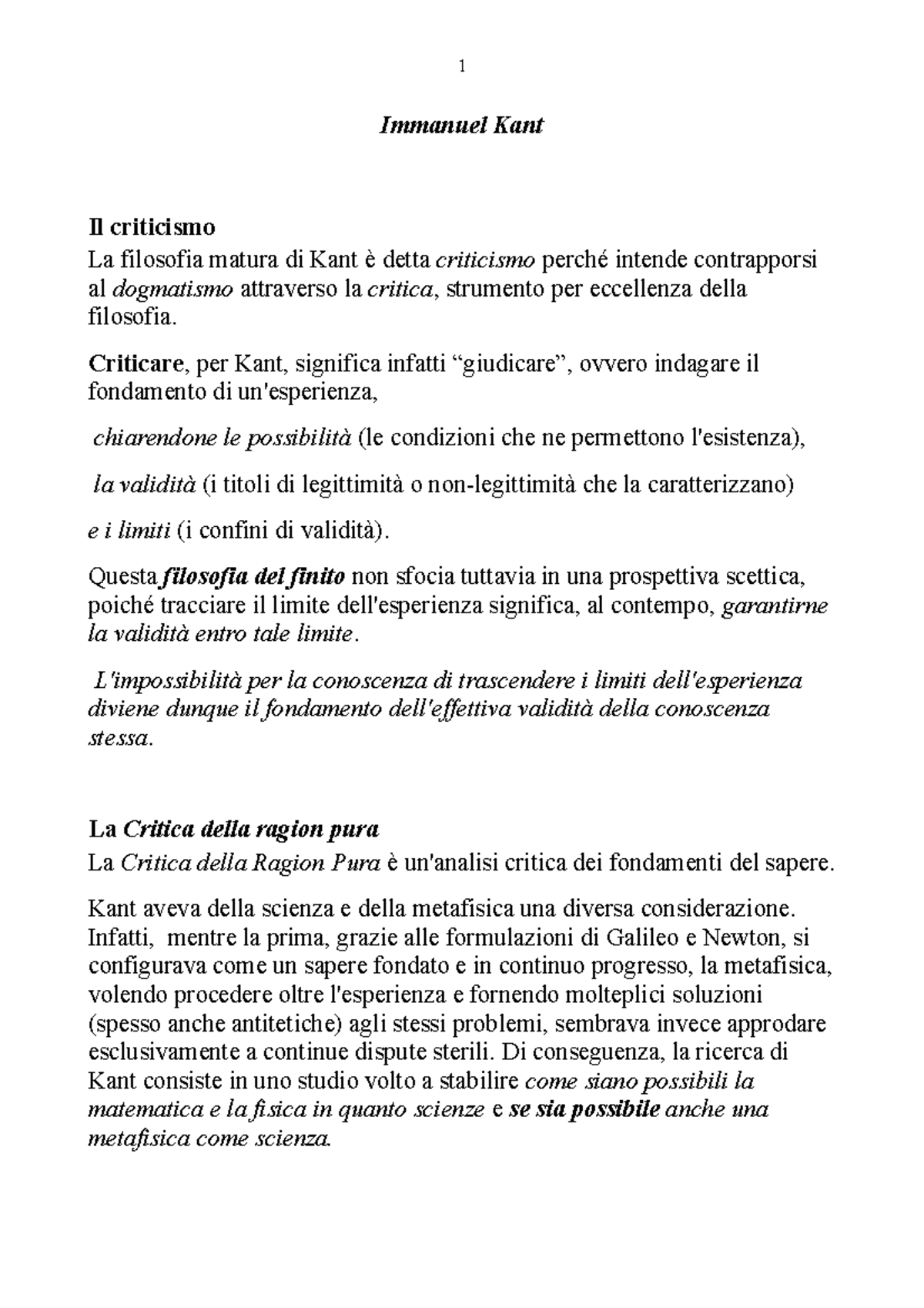 Sintesi sulla "Critica della Ragion Pura" di Kant - Filosofia 101 - Studocu