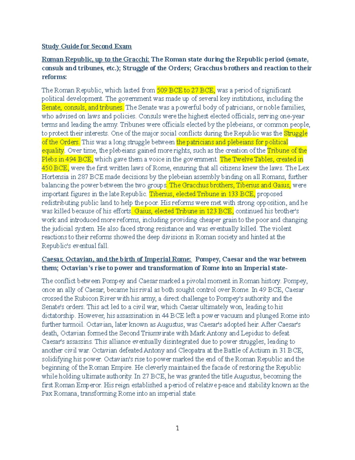 Exam 2 Study Guide: Roman Republic & Rise of Empire (HIST 101) - Studocu
