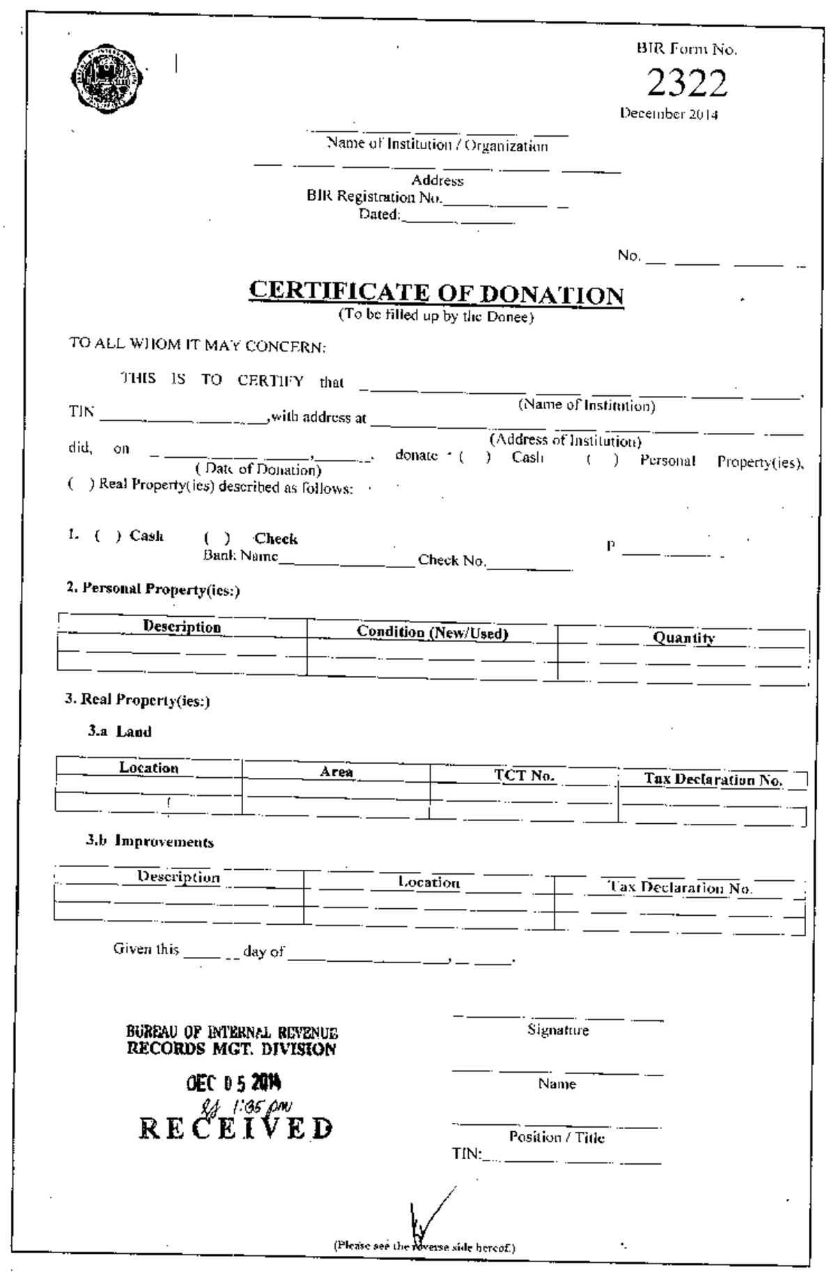Certificate of Donation (BIR Form 2322) Overview and Guidelines - Studocu