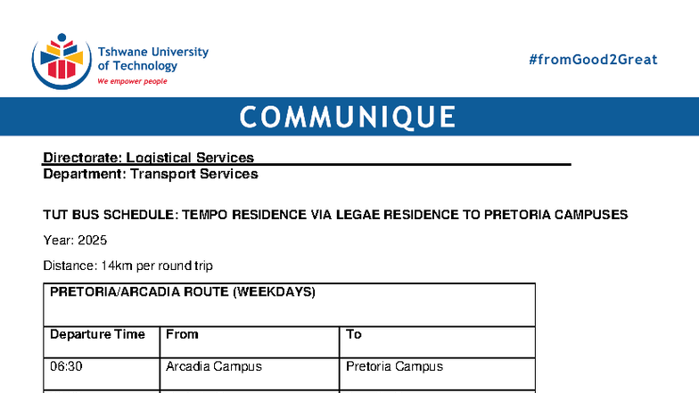 TUT BUS SCHEDULES: 2025 Transport Services Overview - Studocu