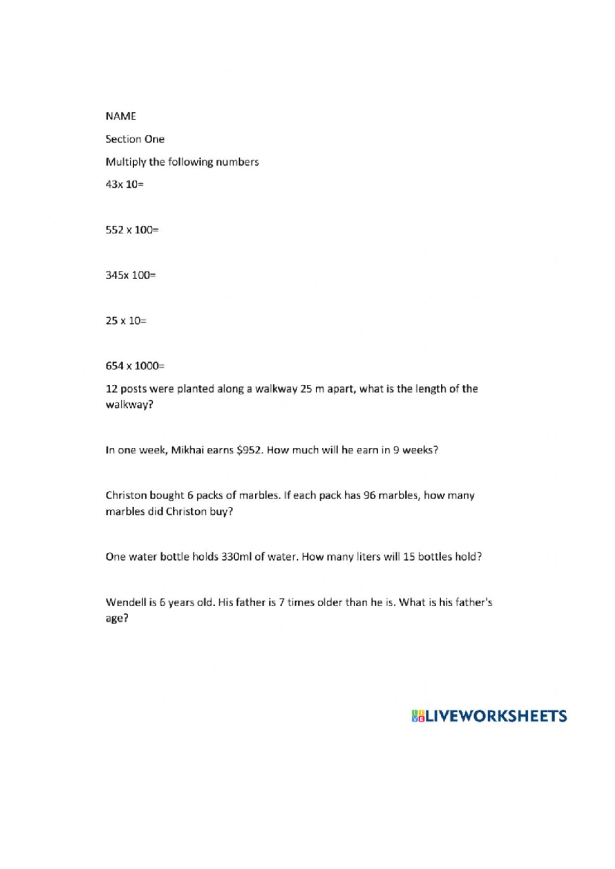 Math Worksheet 2188478: Multiplication & Word Problems - Studocu
