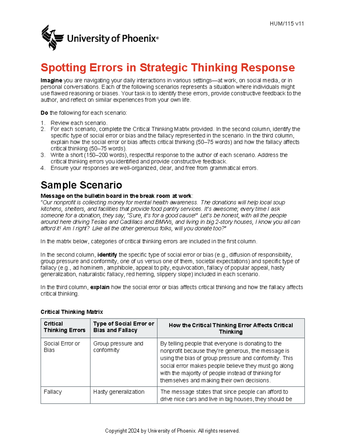 HUM/115 v11 Week 3: Analyzing Errors in Strategic Thinking Responses ...