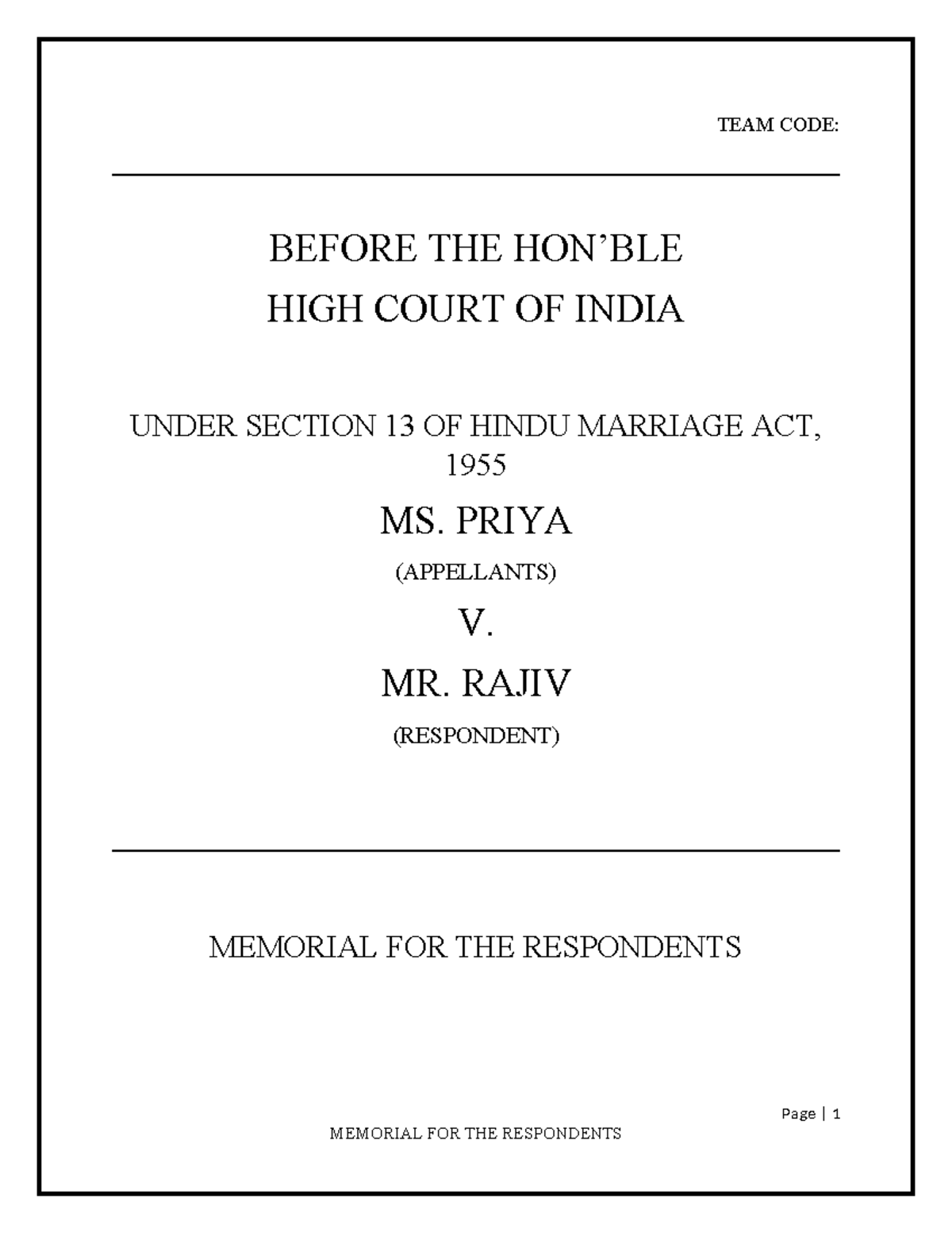 Mootcourt Memorial for Family Law Case: Priya v. Rajiv - Studocu