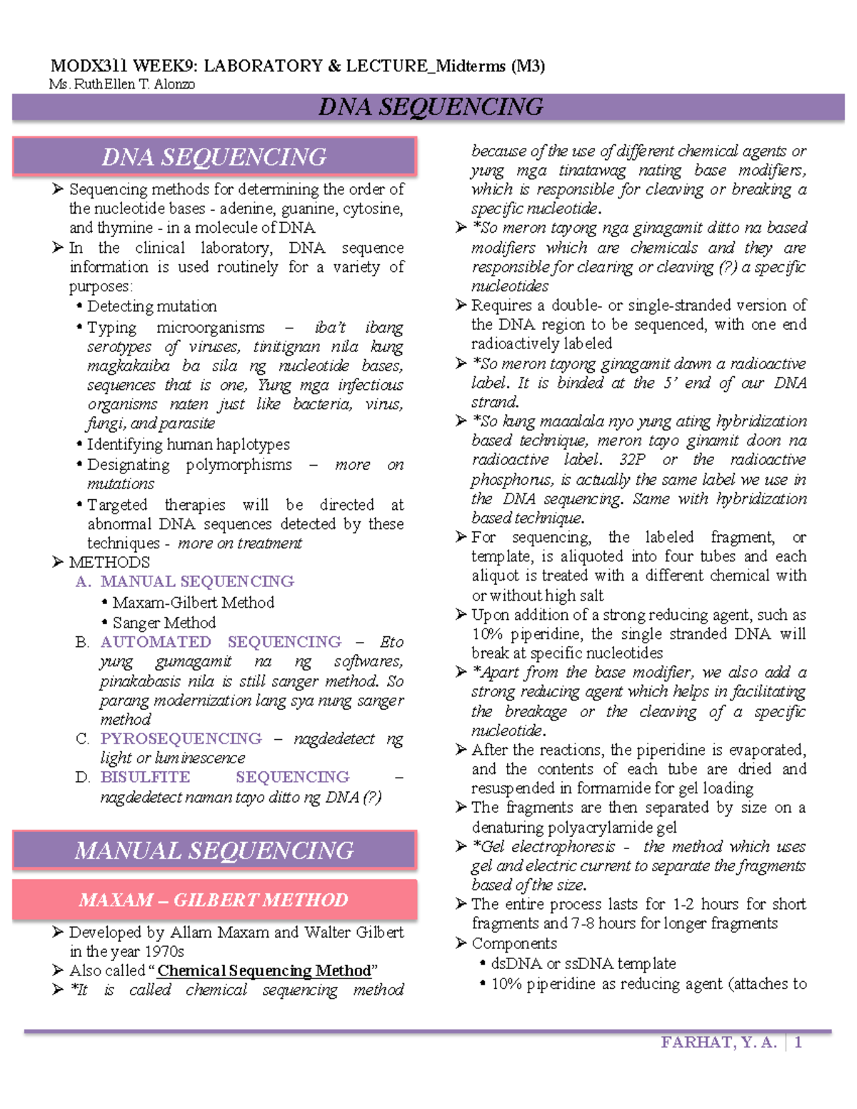 MODX311 WEEK 9: DNA SEQUENCING LAB LECTURE & MIDTERM NOTES - Studocu