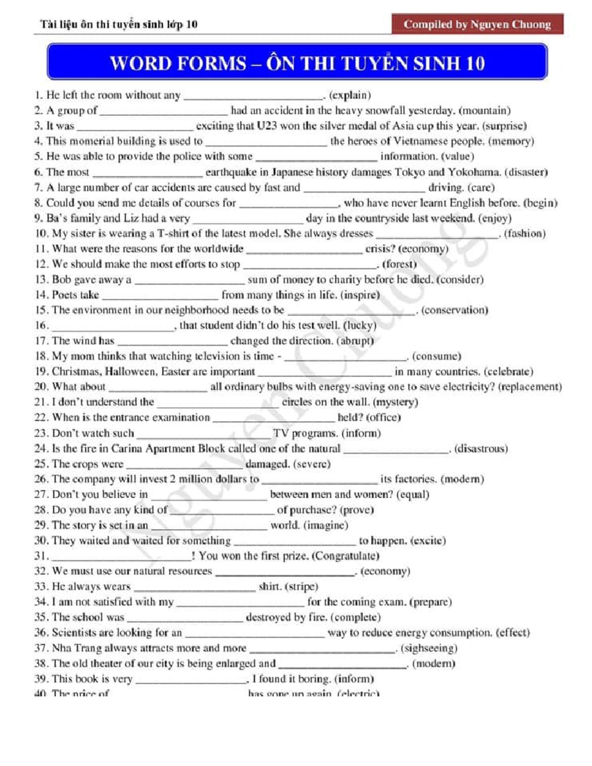 Tài liệu ôn thi tuyển sinh lớp 10: Word Forms Compiled by Nguyen Chuong ...