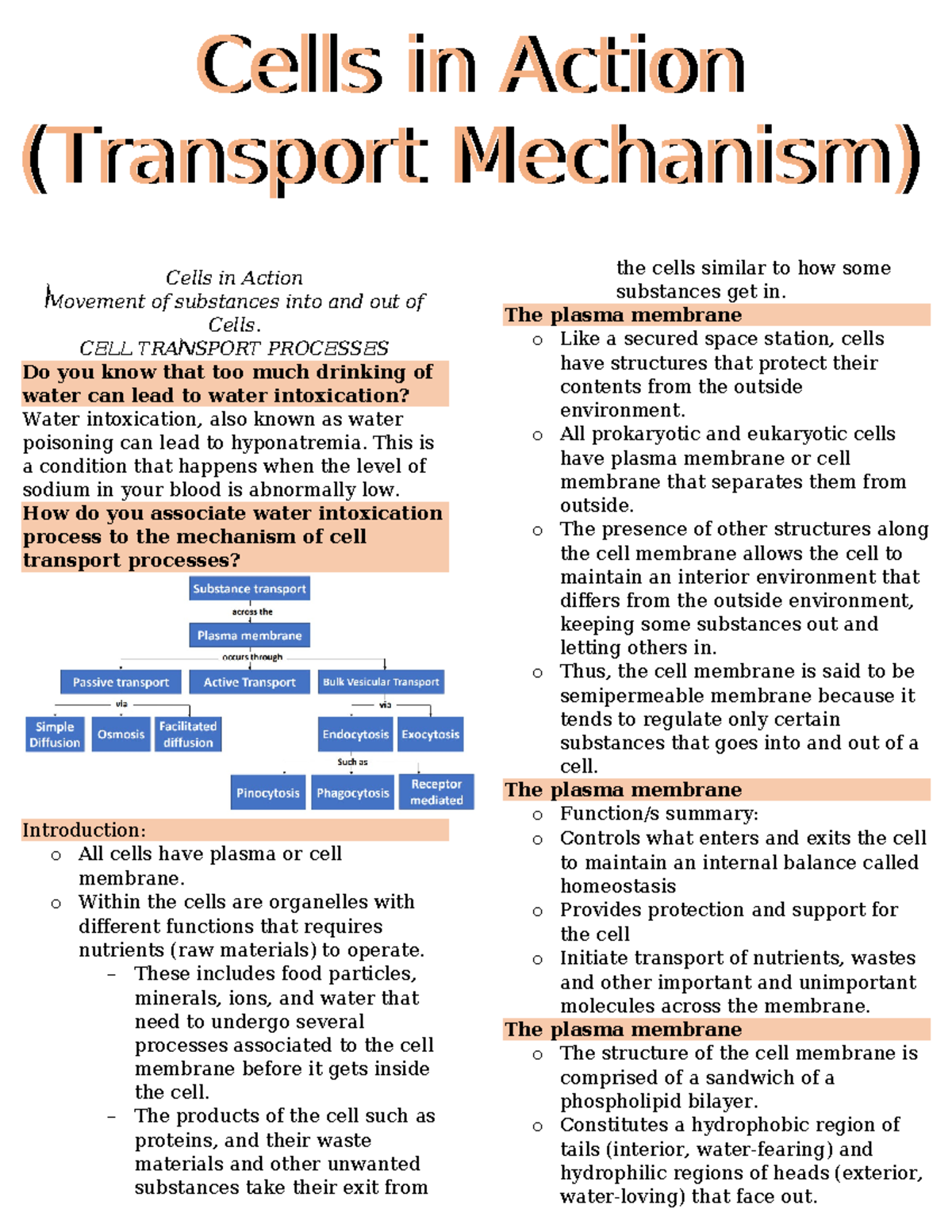 Cells in Action - Lecture Notes on Transport Mechanisms - Studocu