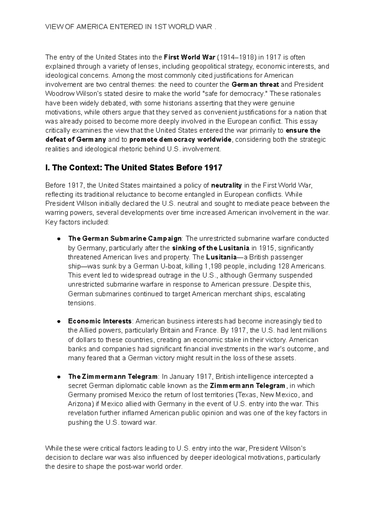 The U.S. Entry into WWI: Analyzing Motivations and Impacts - Studocu