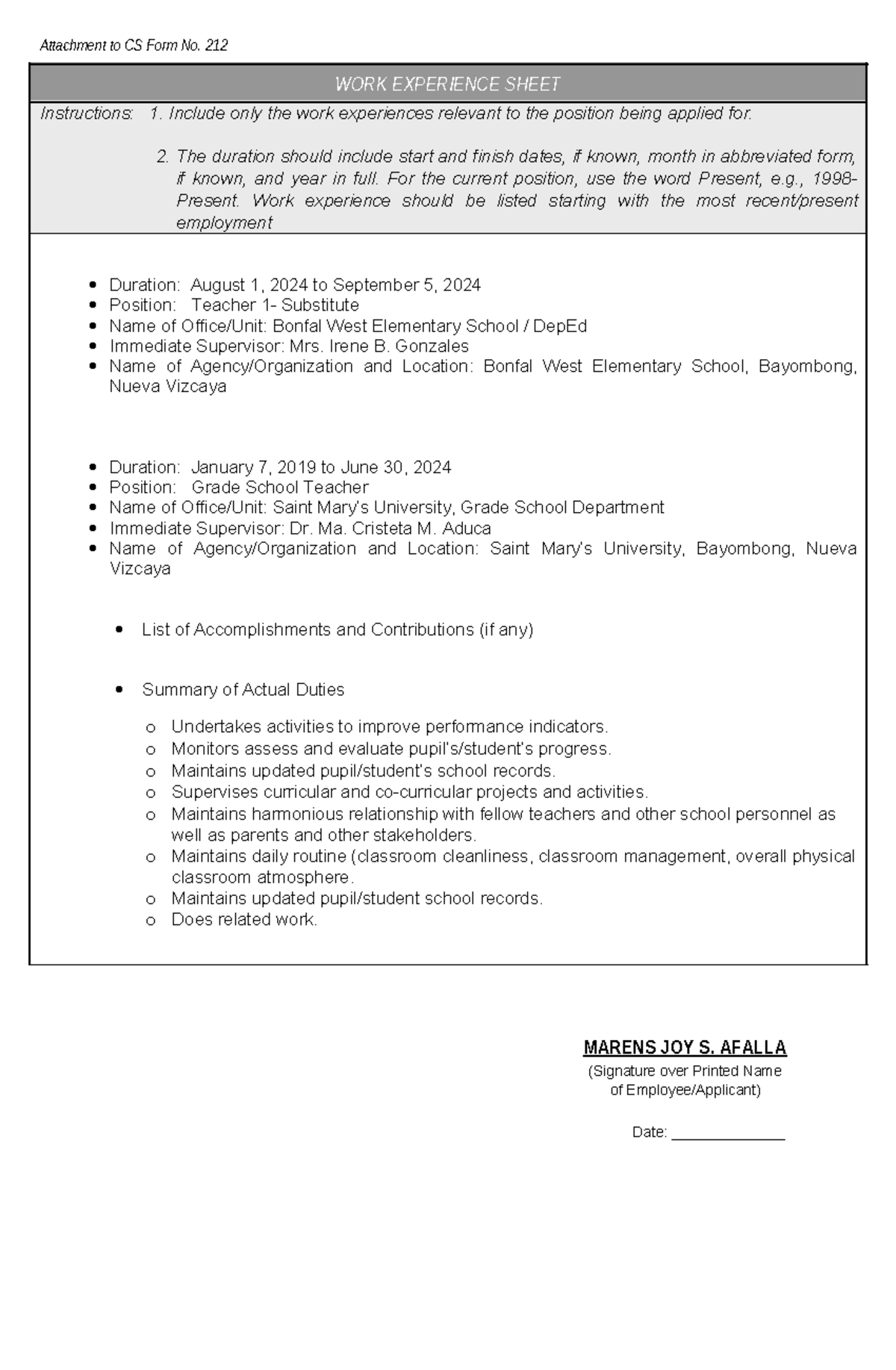 CS Form No. 212: Work Experience Sheet Sample for Teacher Position ...