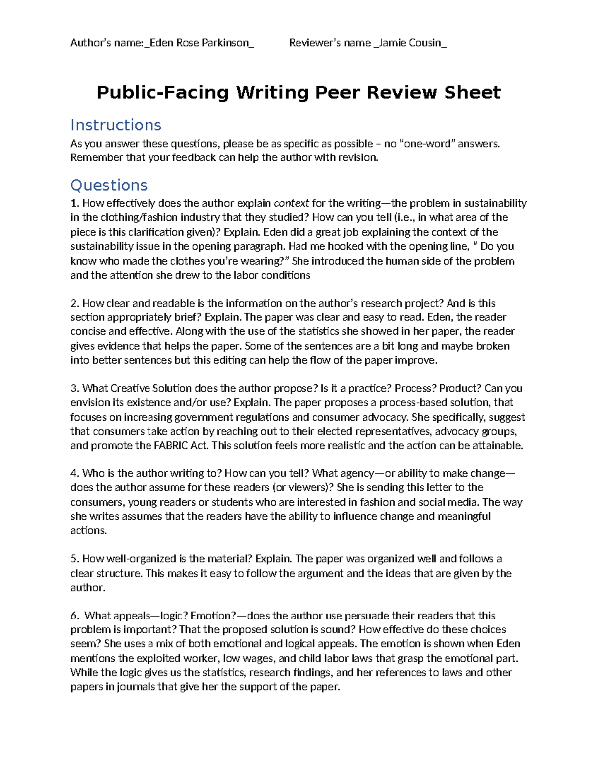 PEER Review Sheet for Public-Facing Writing on Sustainability - Studocu