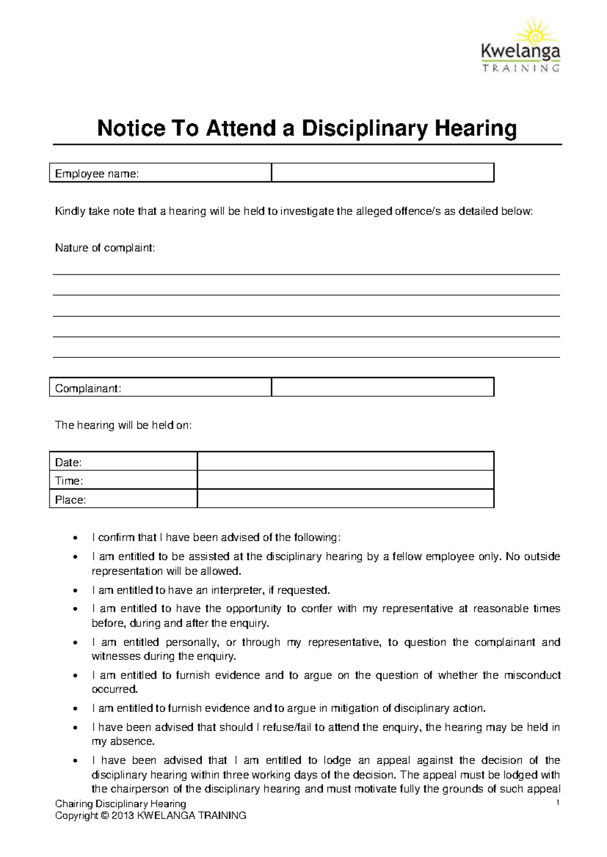 Disciplinary Hearing Notice: Attendance Confirmation and Rights - Studocu