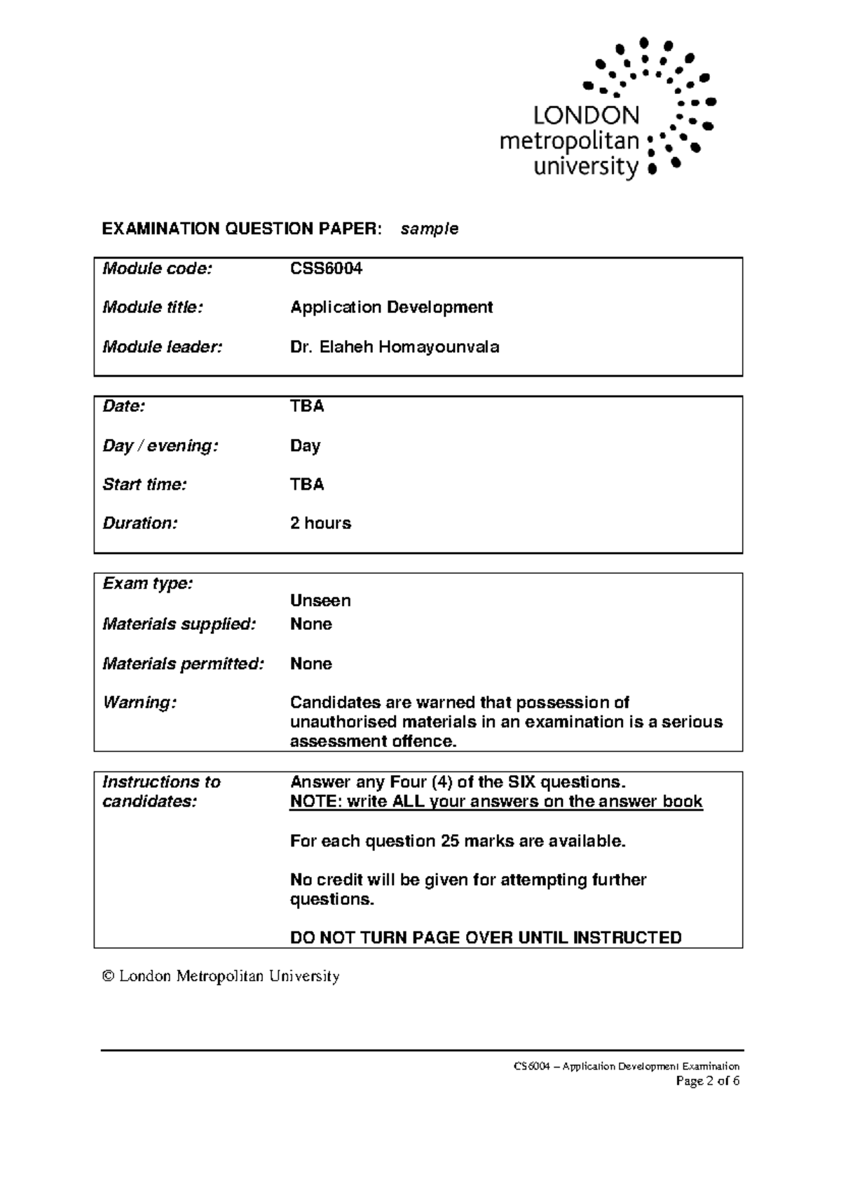 CS6004 Sample Final Exam Paper: Application Development Questions - Studocu