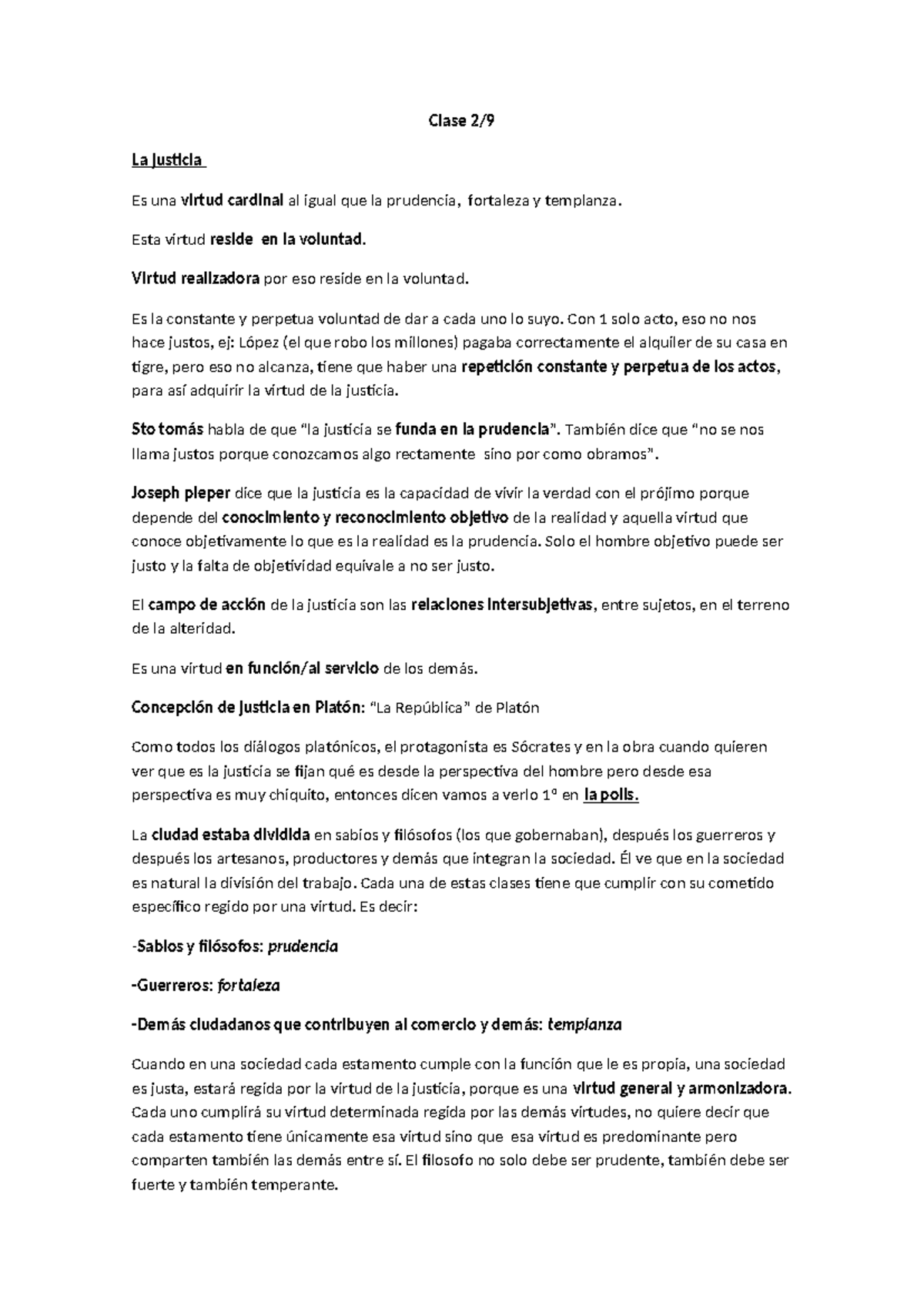 Filosofía resumen - Cátedra Pilar - Clase 2/ La justicia Es una virtud ...