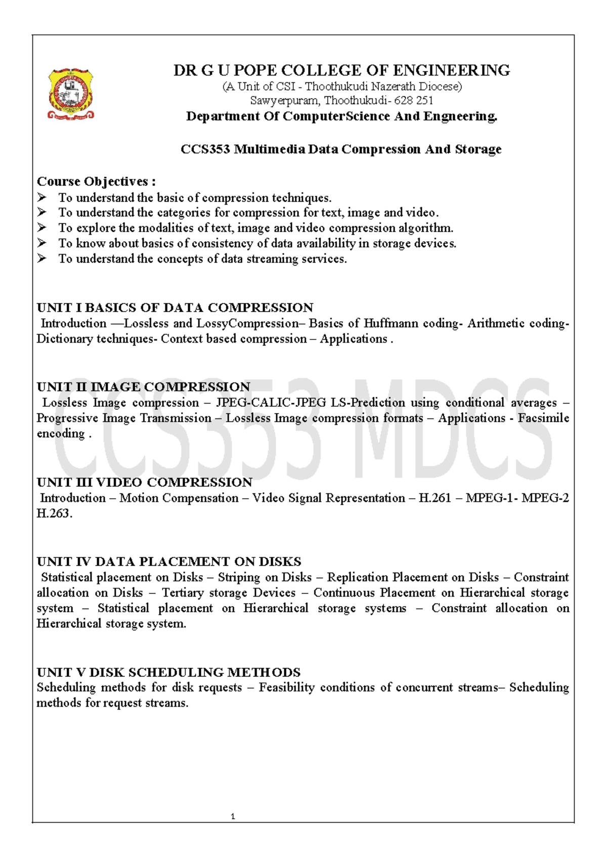 CCS353 Multimedia Data Compression & Storage Study Notes - Studocu
