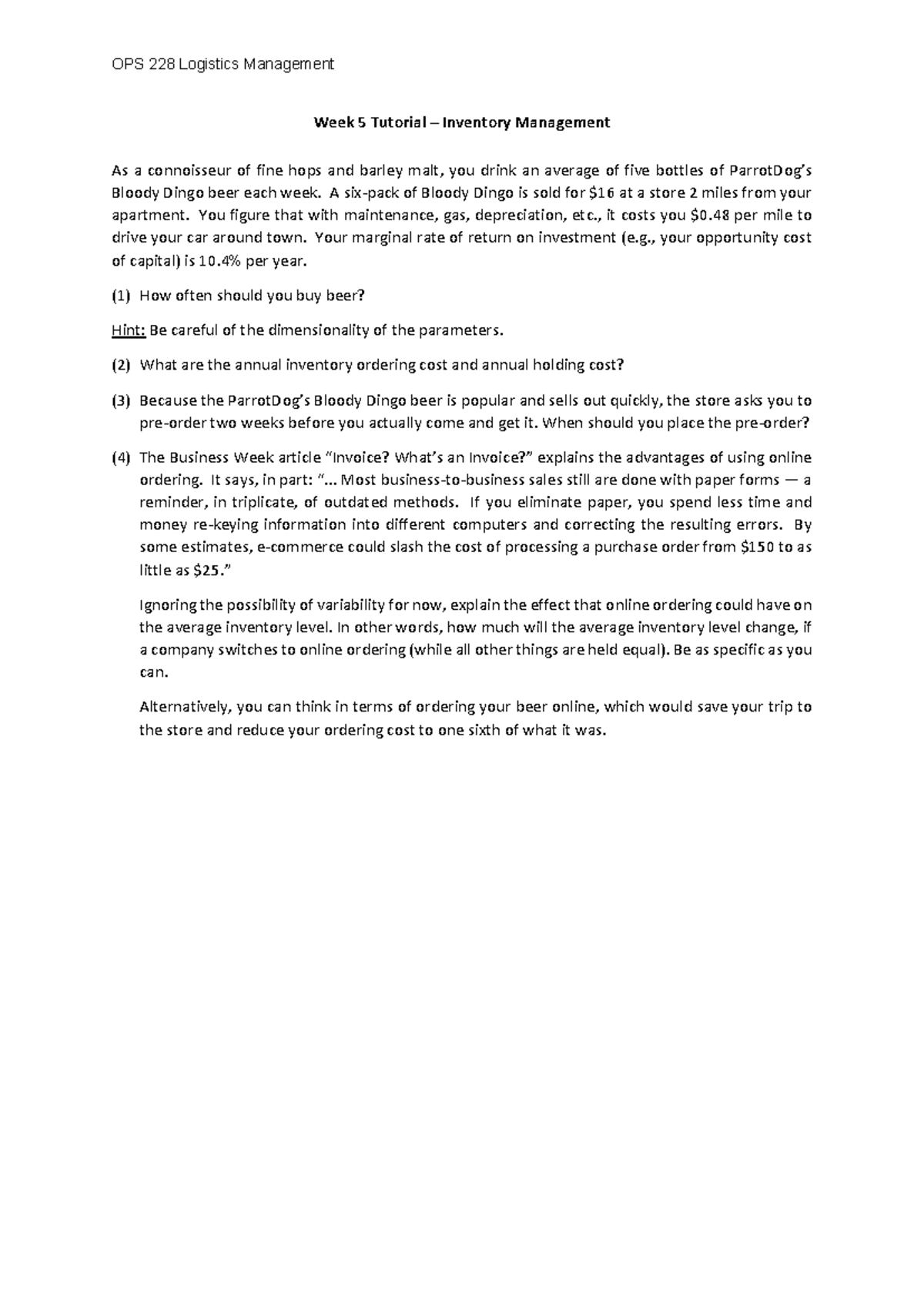 OPS 228 Logistics Management Week 5 Tutorial: Inventory Strategies ...