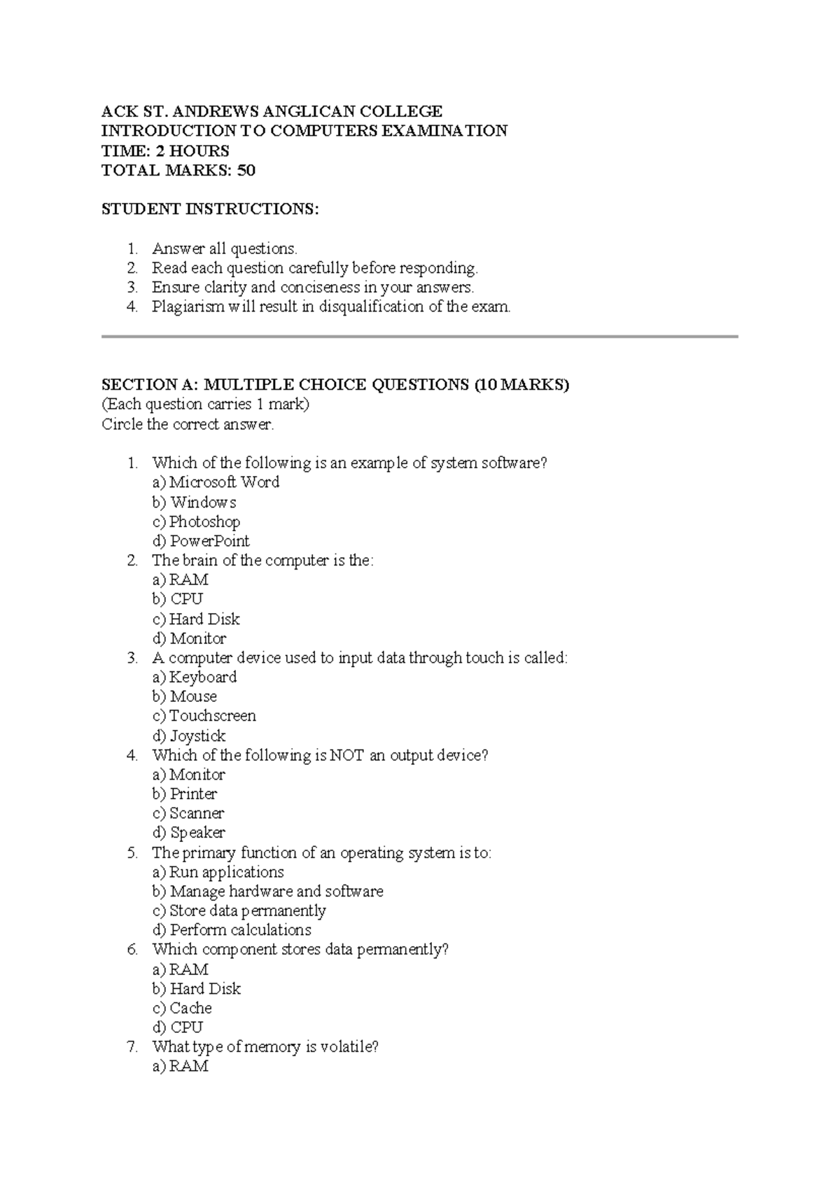 Introduction to Computers Exam - ICT (Total Marks: 50) - Studocu
