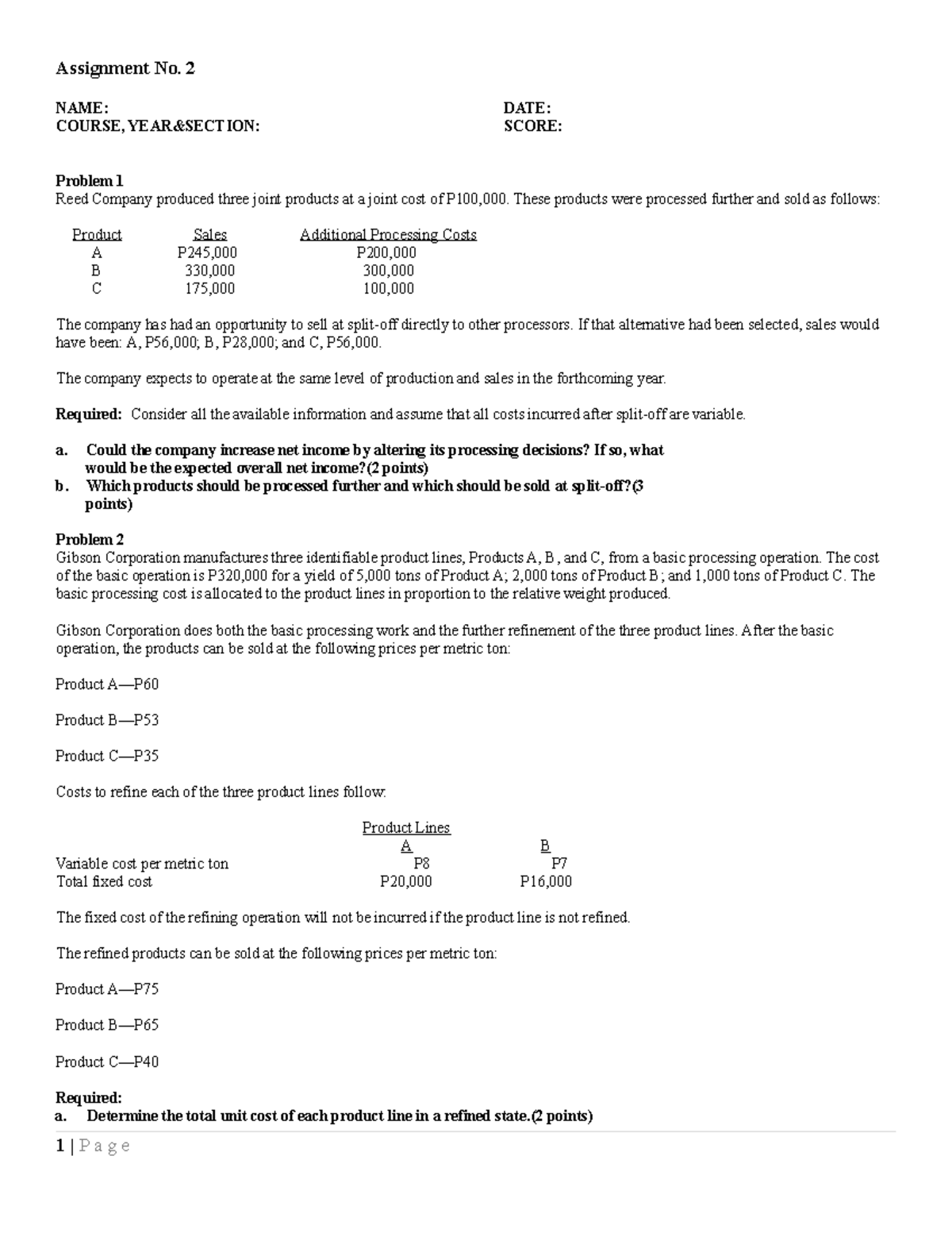 Pdfcoffee - Answer key - Assignment No. 2 NAME: DATE: COURSE, YEAR&SECTION: SCORE: Problem 1 ...