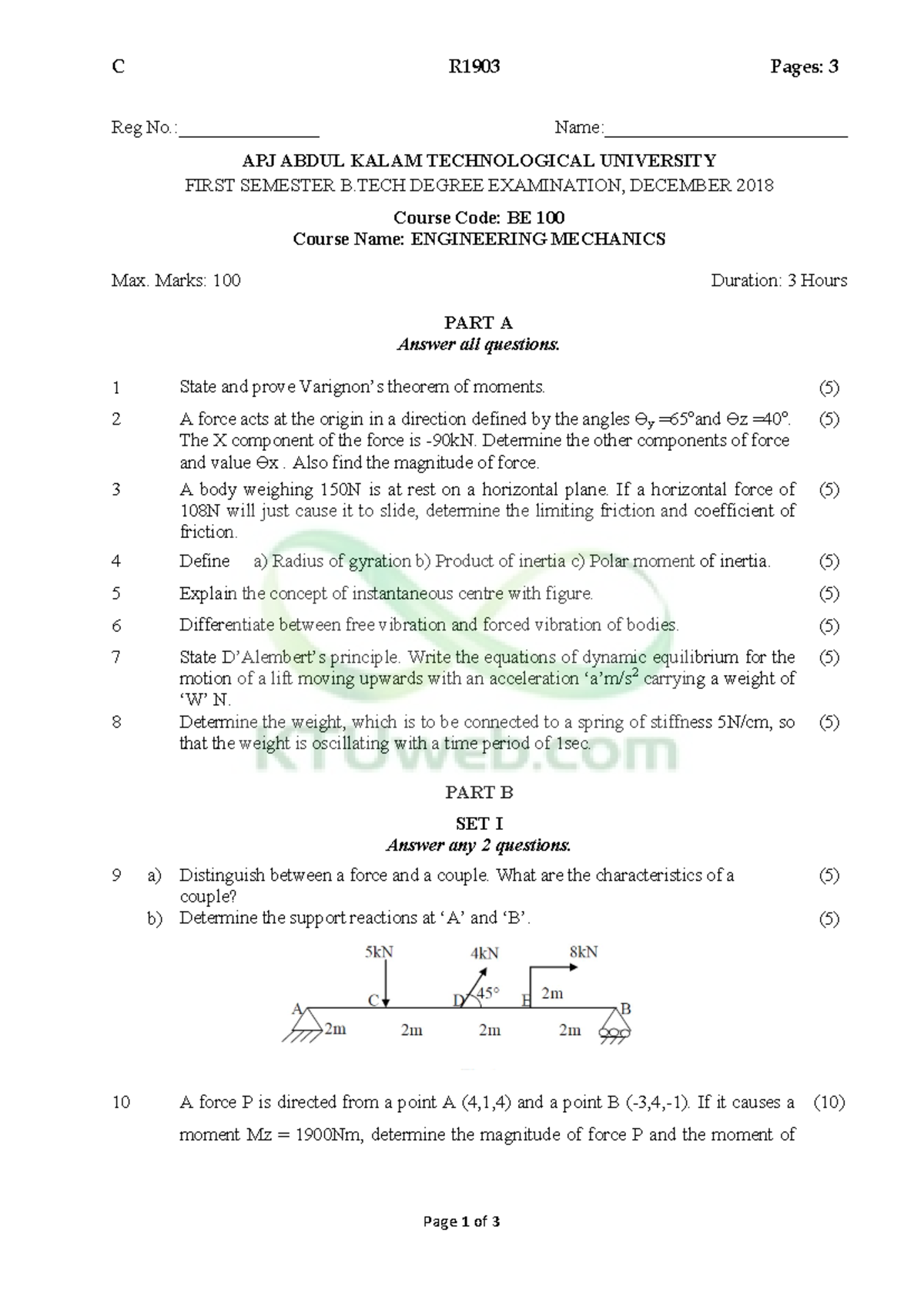 BE 100 Engineering Mechanics December 2018 B Tech Question Paper - Studocu