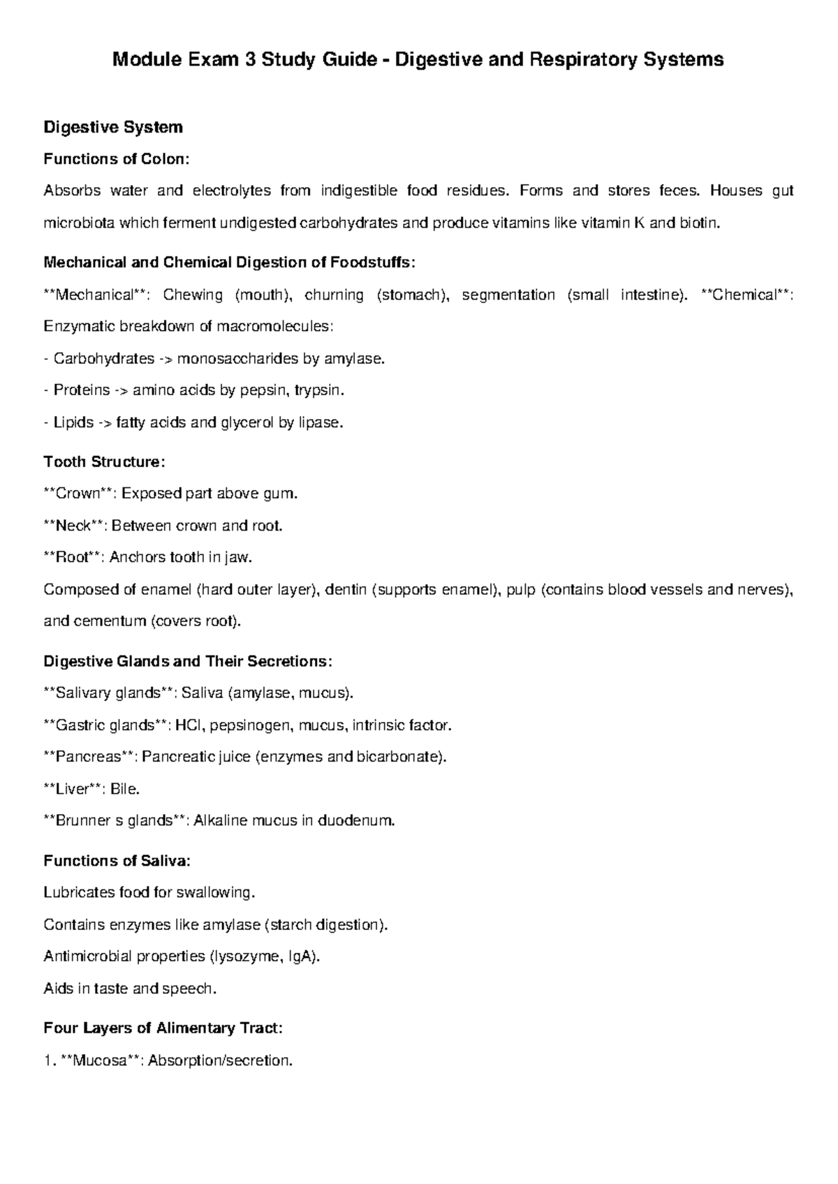 Module Exam 3 Study Guide: Digestive and Respiratory Systems ...