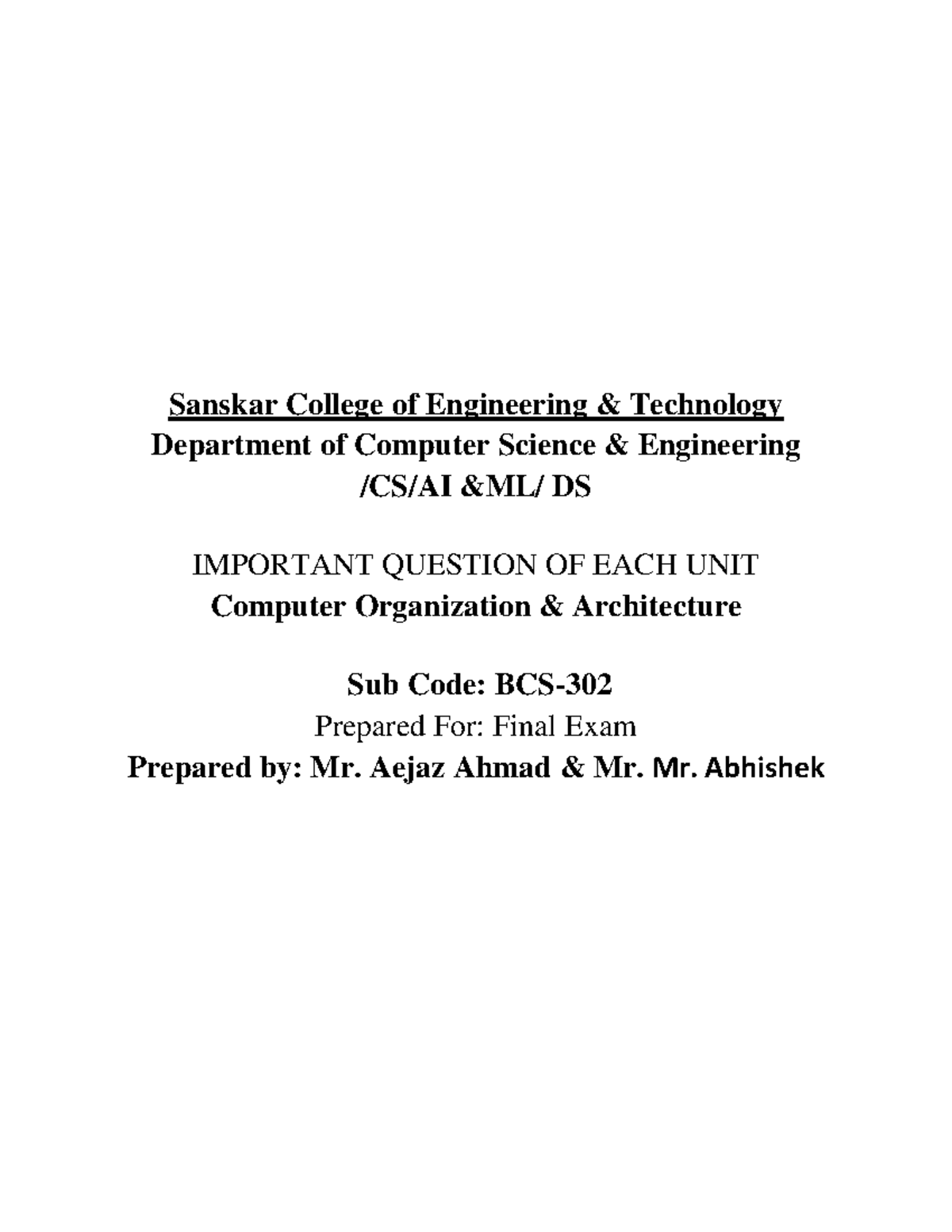 COA CSE DS Final Exam Important Questions for All Units - Studocu