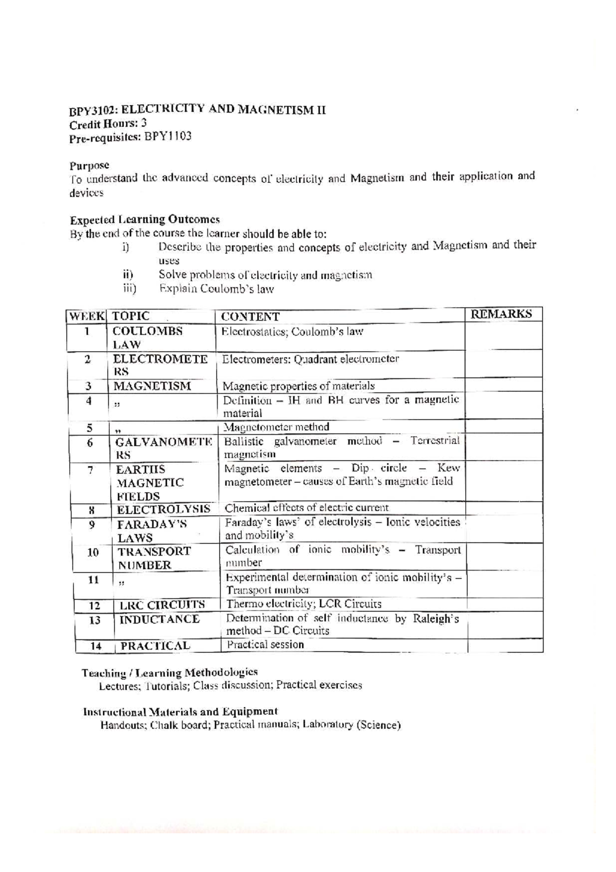 Thermal Physics I - BPY3102: ELECTRICITY AND MAGNETISM II Credit Hours ...