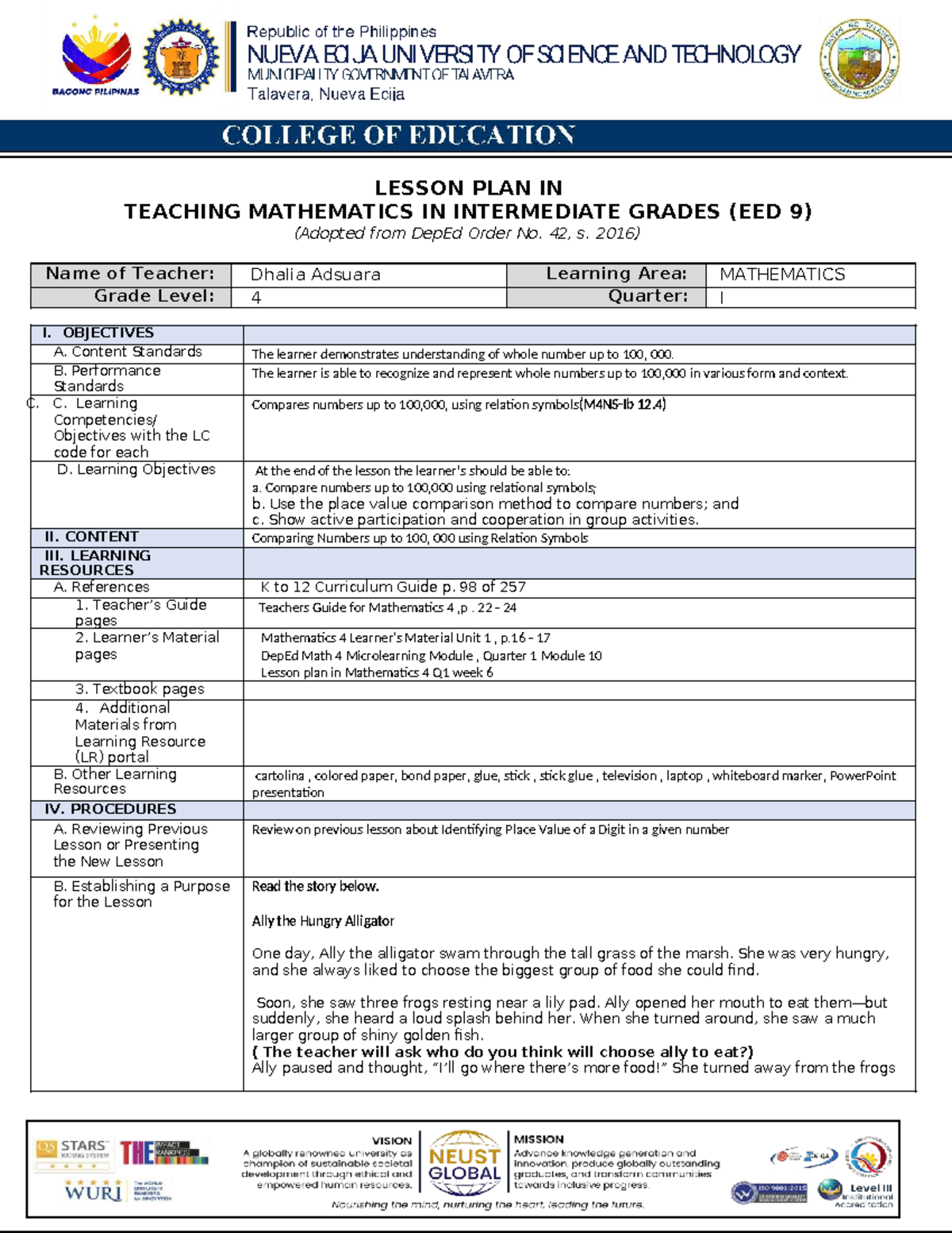 LESSON PLAN: TEACHING COMPARING NUMBERS (EED 9) - Studocu