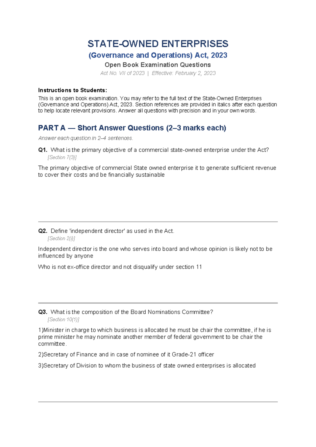 SOE Act 2023 Open Book Exam Questions: Governance & Operations - Studocu