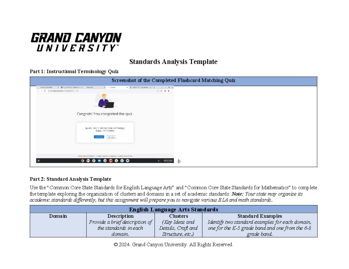 ELM-211-RS-T1: Standards Analysis Template & Instructional Terminology Quiz - Studocu