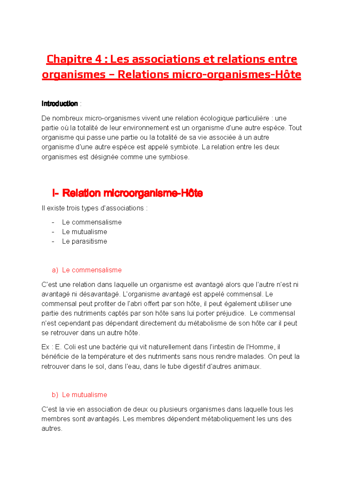 Chapitre 4 : Relations Écologiques et Symbiose entre Organismes - Studocu