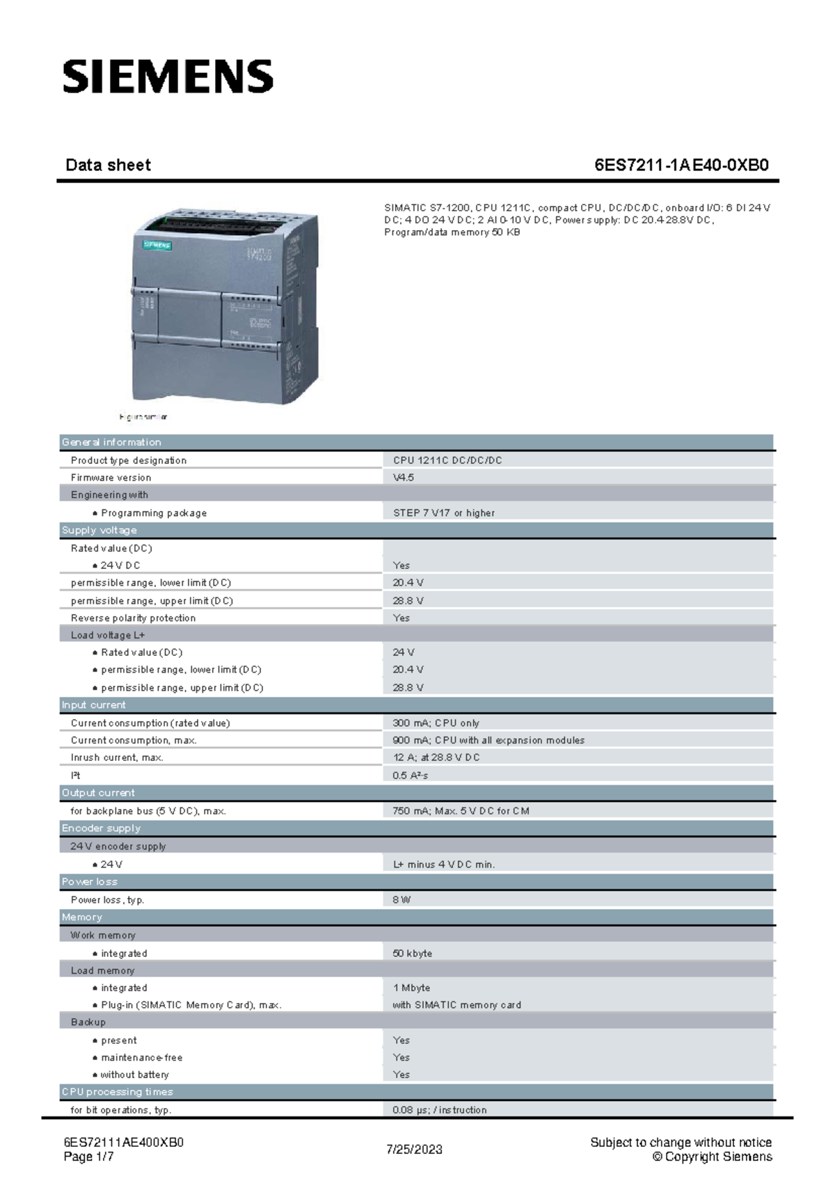 Datasheet for SIMATIC CPU 1211C (6ES72111AE400XB0) - Studocu