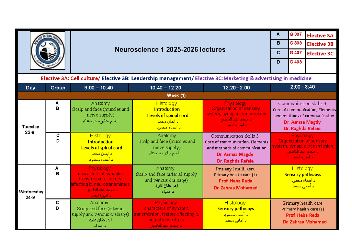 Neuroscience 1 Lecture Notes - A G 307, B G 308, Electives 3A, 3B, 3C ...