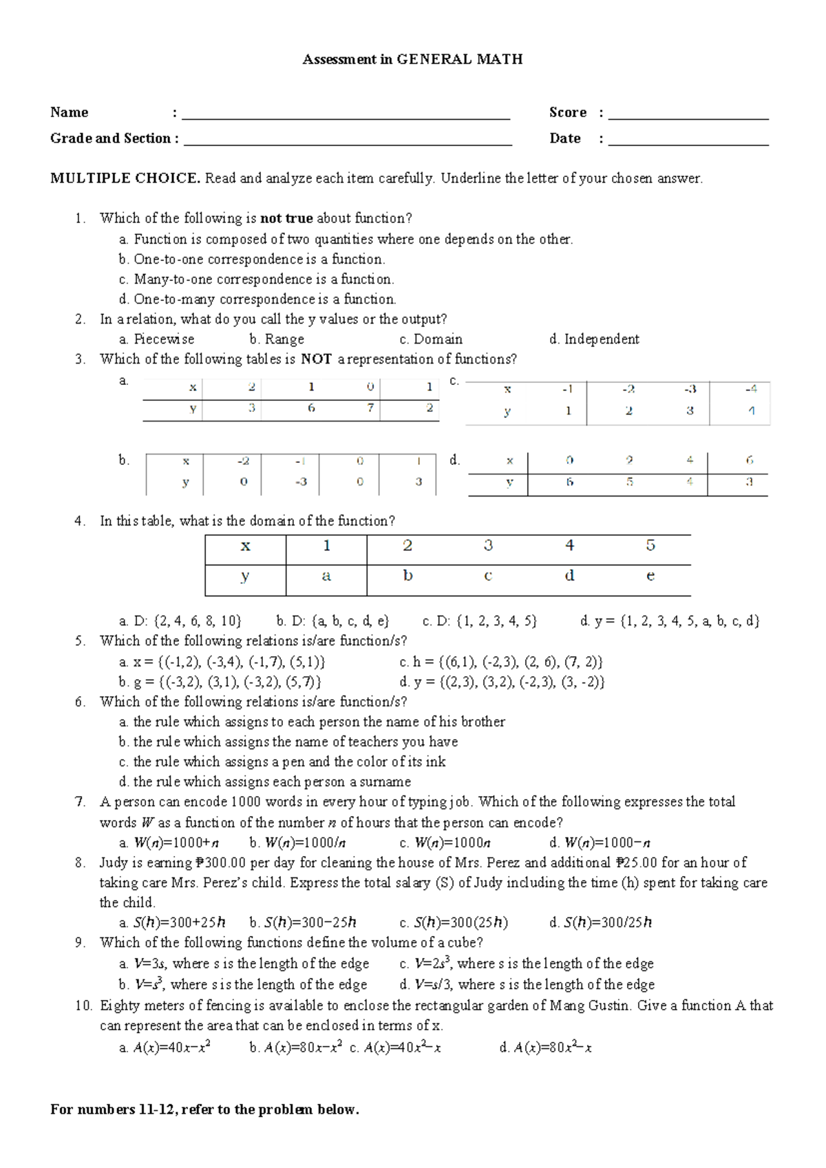 GENERAL MATH Assessment: Multiple Choice Questions on Functions - Studocu