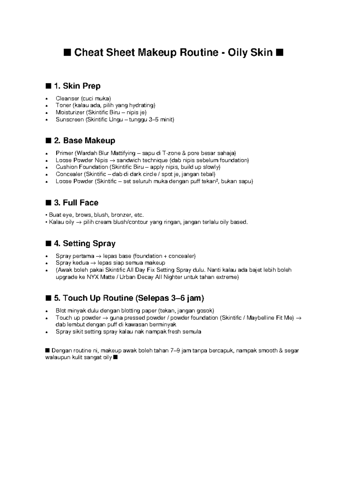Cheat Sheet: Makeup Routine for Oily Skin - Studocu
