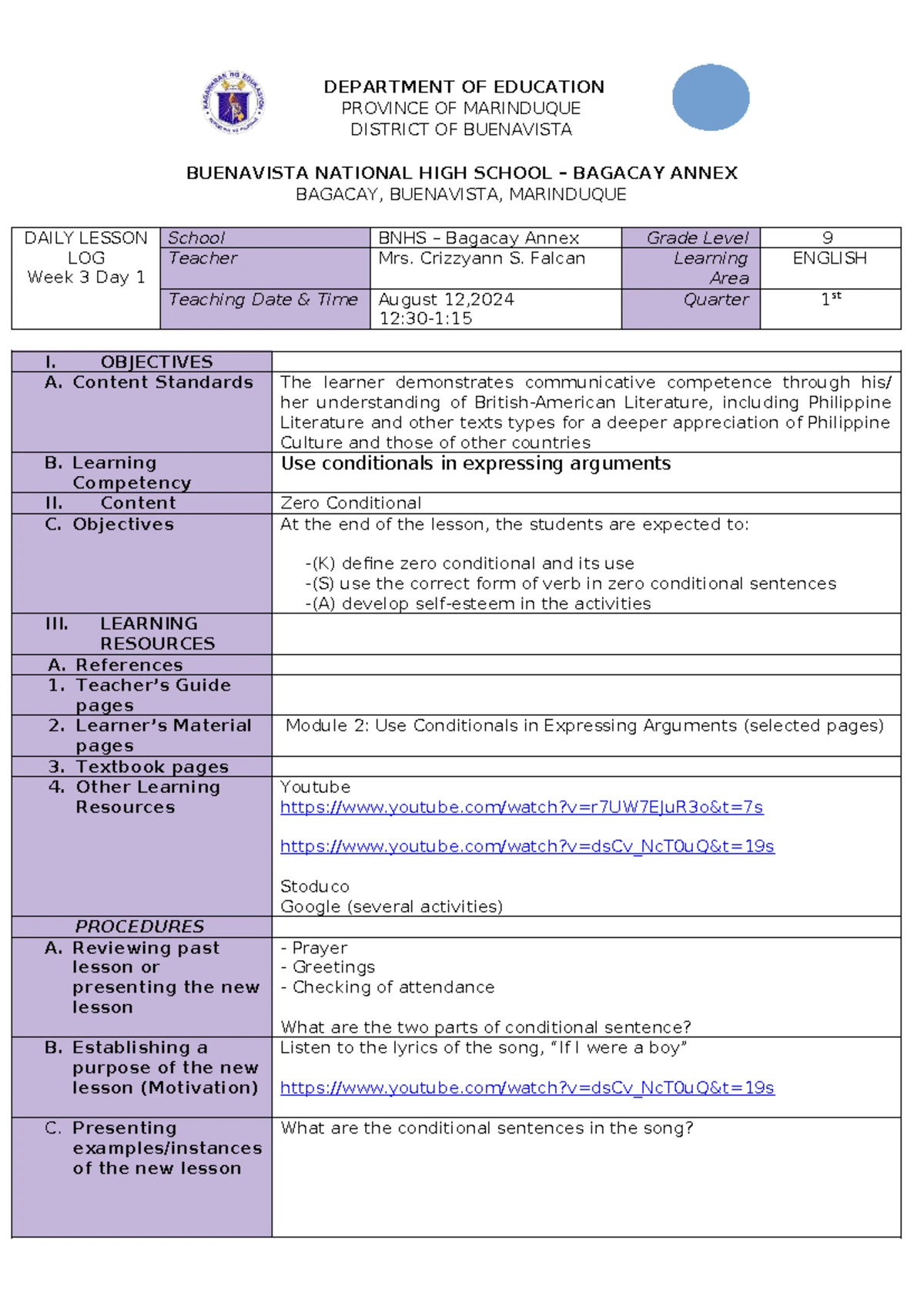 English 9 Daily Lesson Log: Week 2 Day 4 - Conditional Sentences - Studocu
