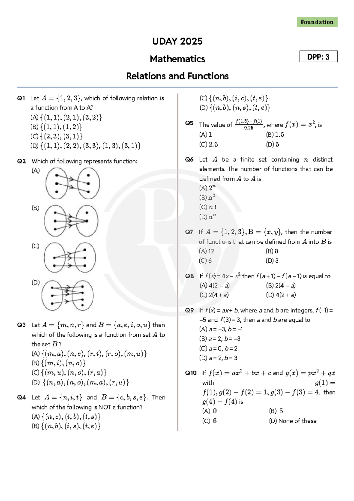 Relations and Functions DPP 03 (Lecture 04) UDAY 2025 - Studocu