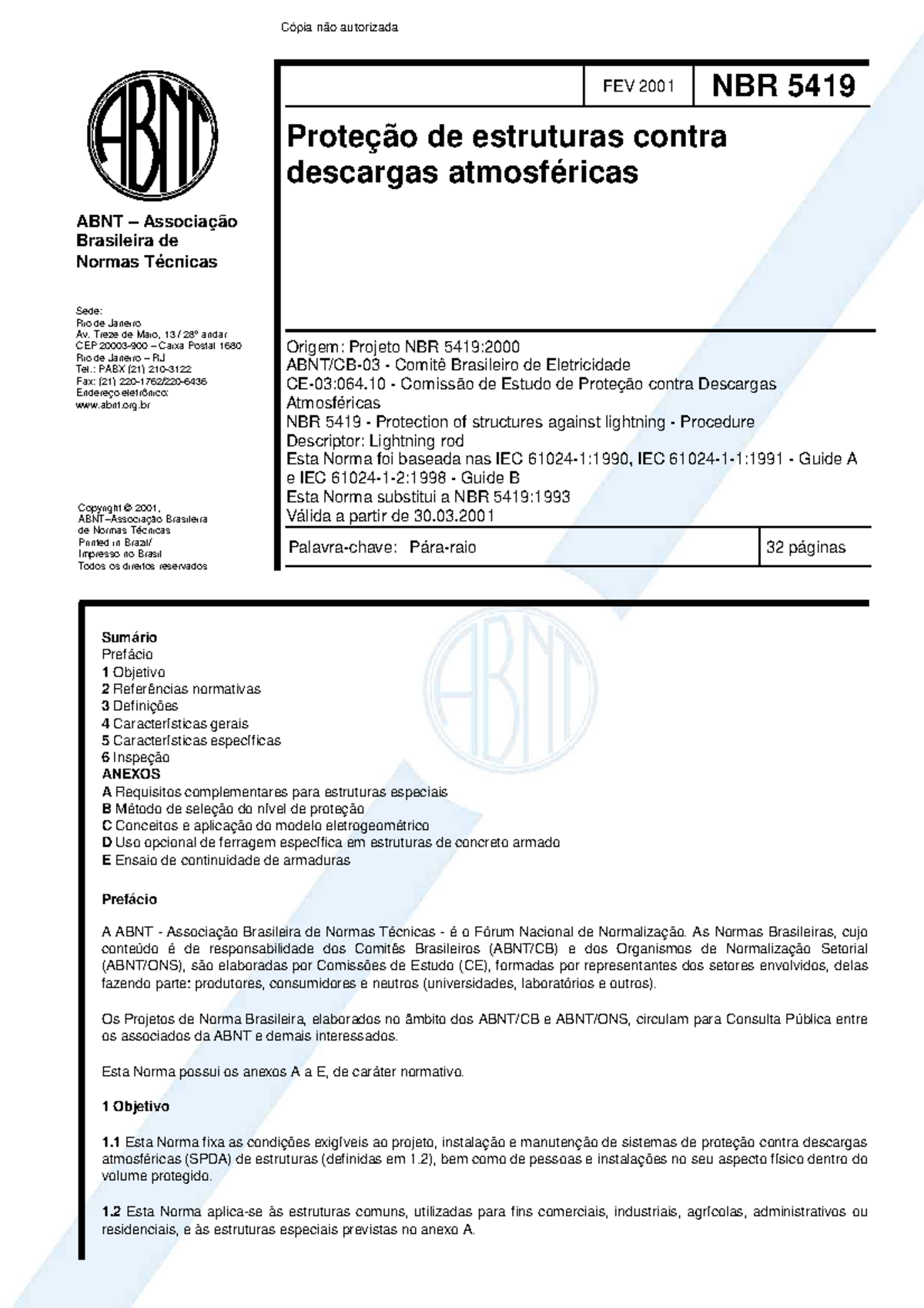 NBR 5419:2001 Proteção de Estruturas contra Descargas Atmosféricas ...