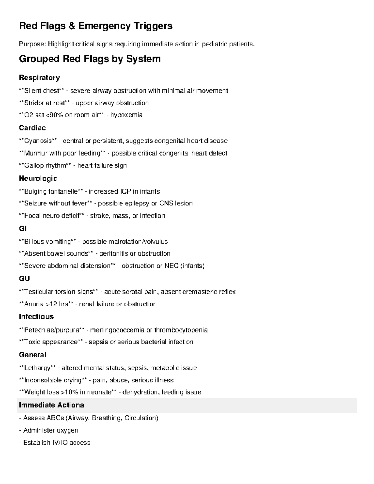PEDS 101: Red Flags for Emergency Triggers in Pediatric Care - Studocu