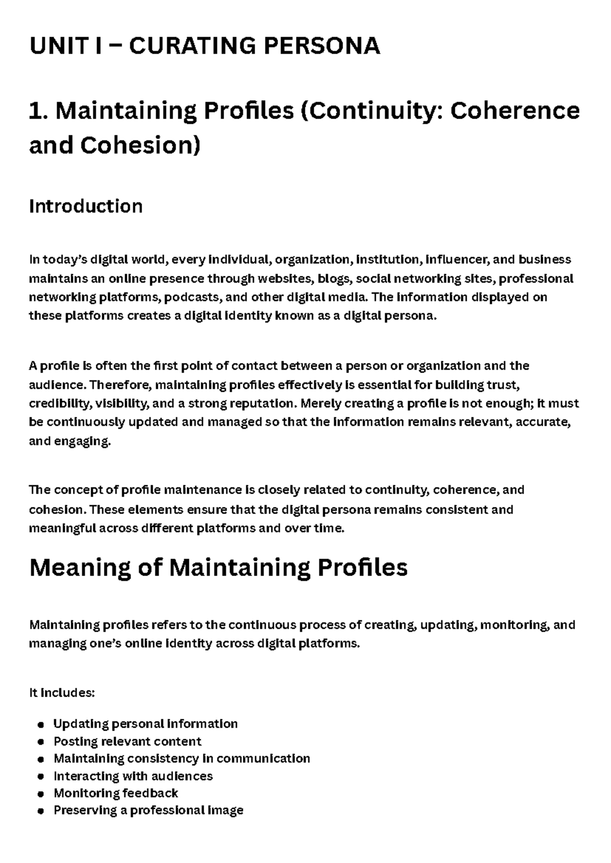 UNIT I: CURATING DIGITAL PERSONAS - Profile Maintenance & Continuity ...