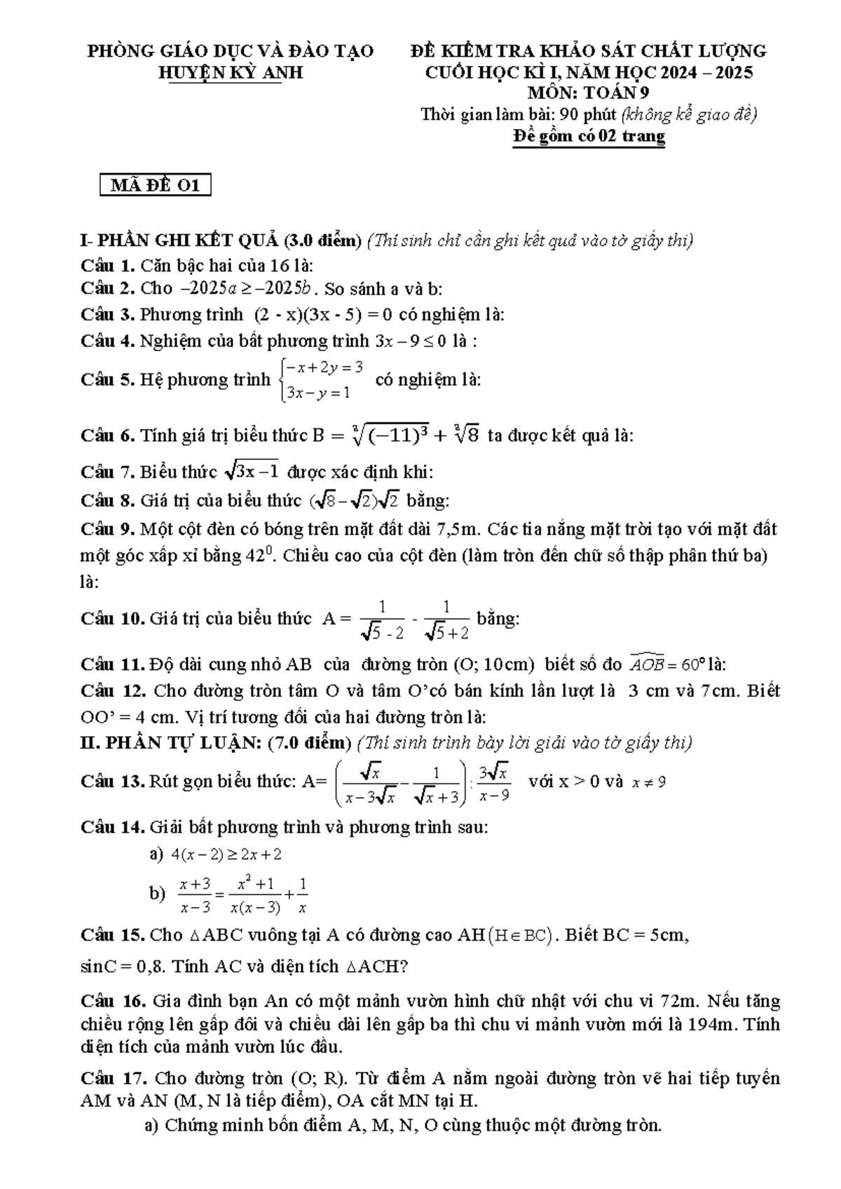 ĐỀ KIỂM TRA KHẢO SÁT CUỐI HỌC KÌ I TOÁN 9 - NĂM HỌC 2024-2025 - Studocu