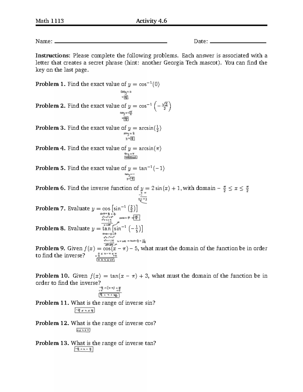 Activity 4.6: Pre-Cal Assignment on Inverse Functions and Trig Values ...