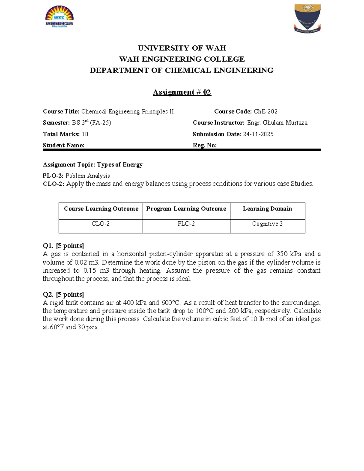 Assignment 02: Types of Energy Problem Analysis - CEP II - Studocu