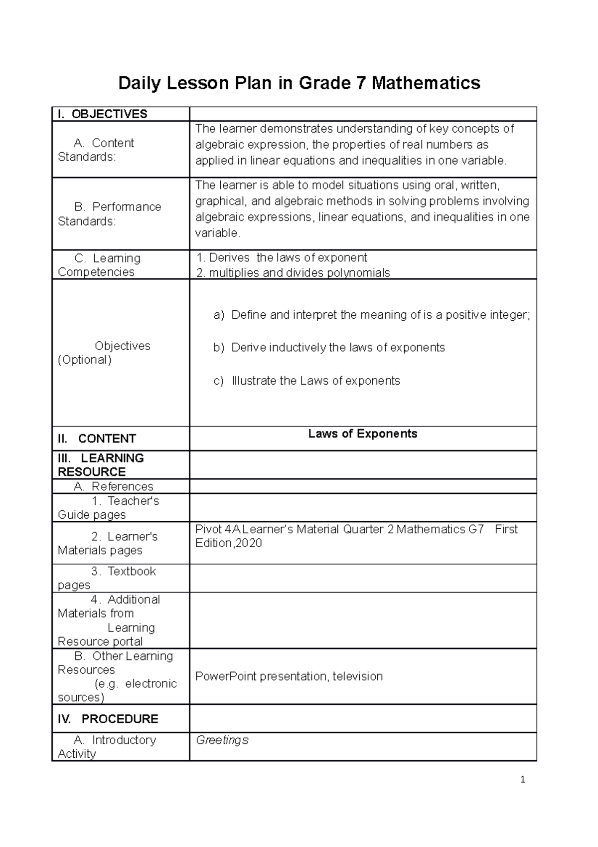 Laws of Exponents - Daily Lesson Plan for Grade 7 Math - Studocu
