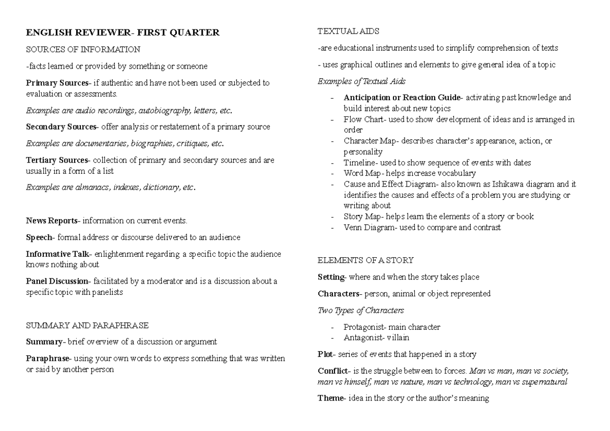 English 10 First Quarter Review: Key Concepts and Elements - Studocu
