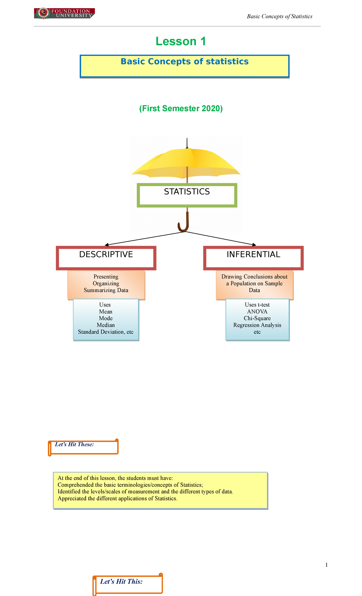 1lesson 1 Introduction To Basic Concepts Of Statistics Studocu