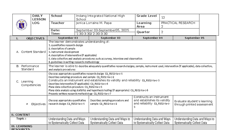 PR2 W1 - Week 1 Lesson Plan for Practical Research 2 - Studocu