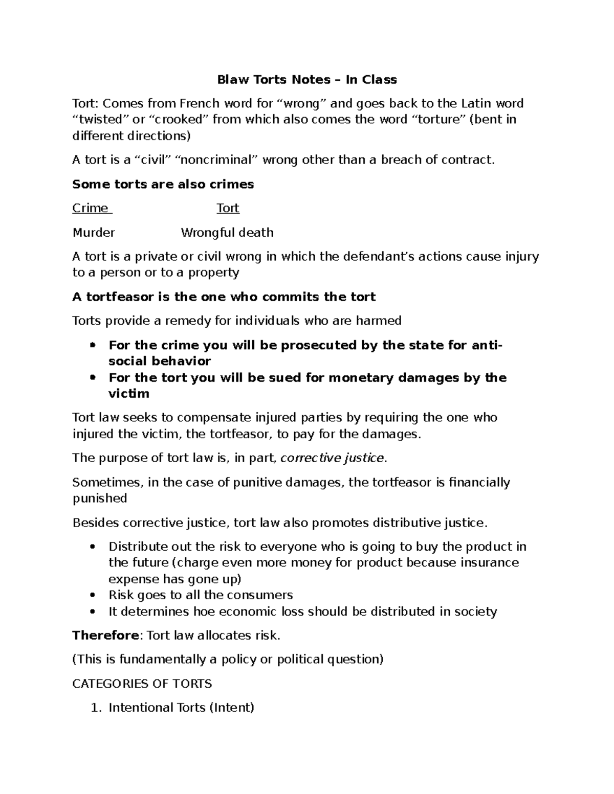 Blaw Torts Notes In Class - Blaw Torts Notes – In Class Tort: Comes ...