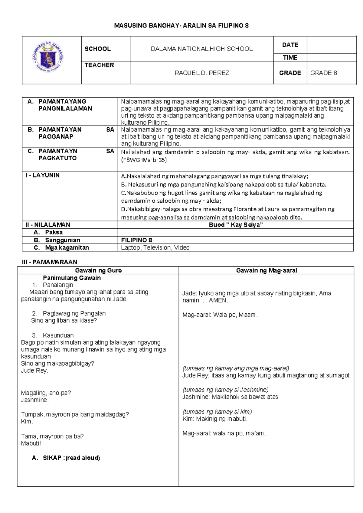 FIL 8 Masusing Banghay Aralin para sa Grade 8 sa Filipino 8 - Studocu