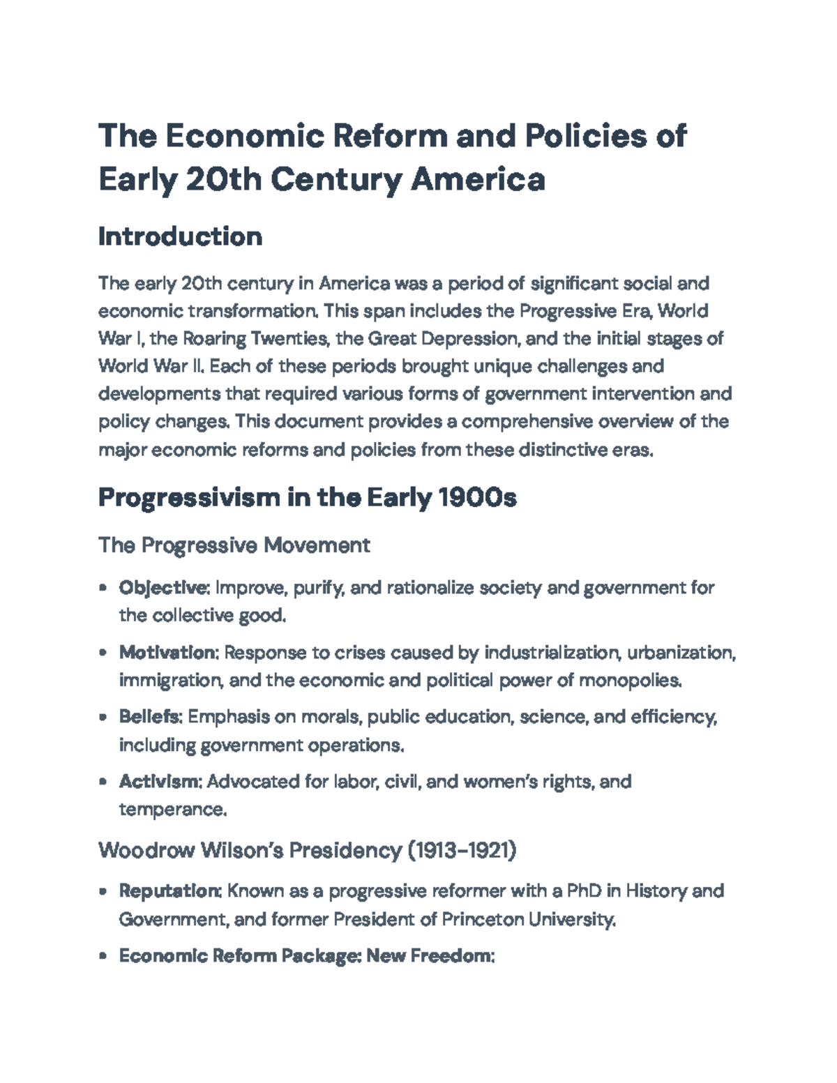 Economic Reforms and Policies in Early 20th Century America - The ...