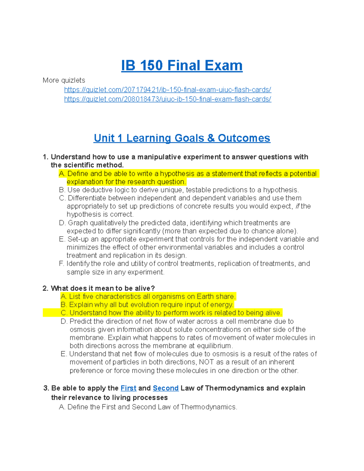 IB 150 Final Exam Study Guide: Learning Goals & Outcomes - Studocu