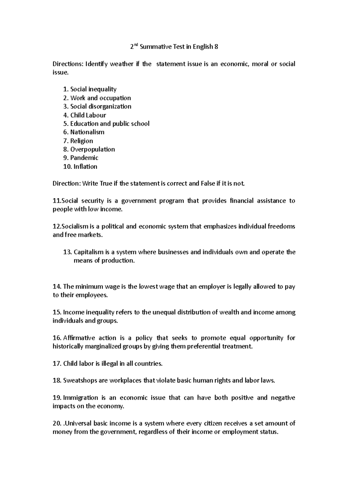 2nd Summative Test in English 8 - Social inequality Work and occupation ...