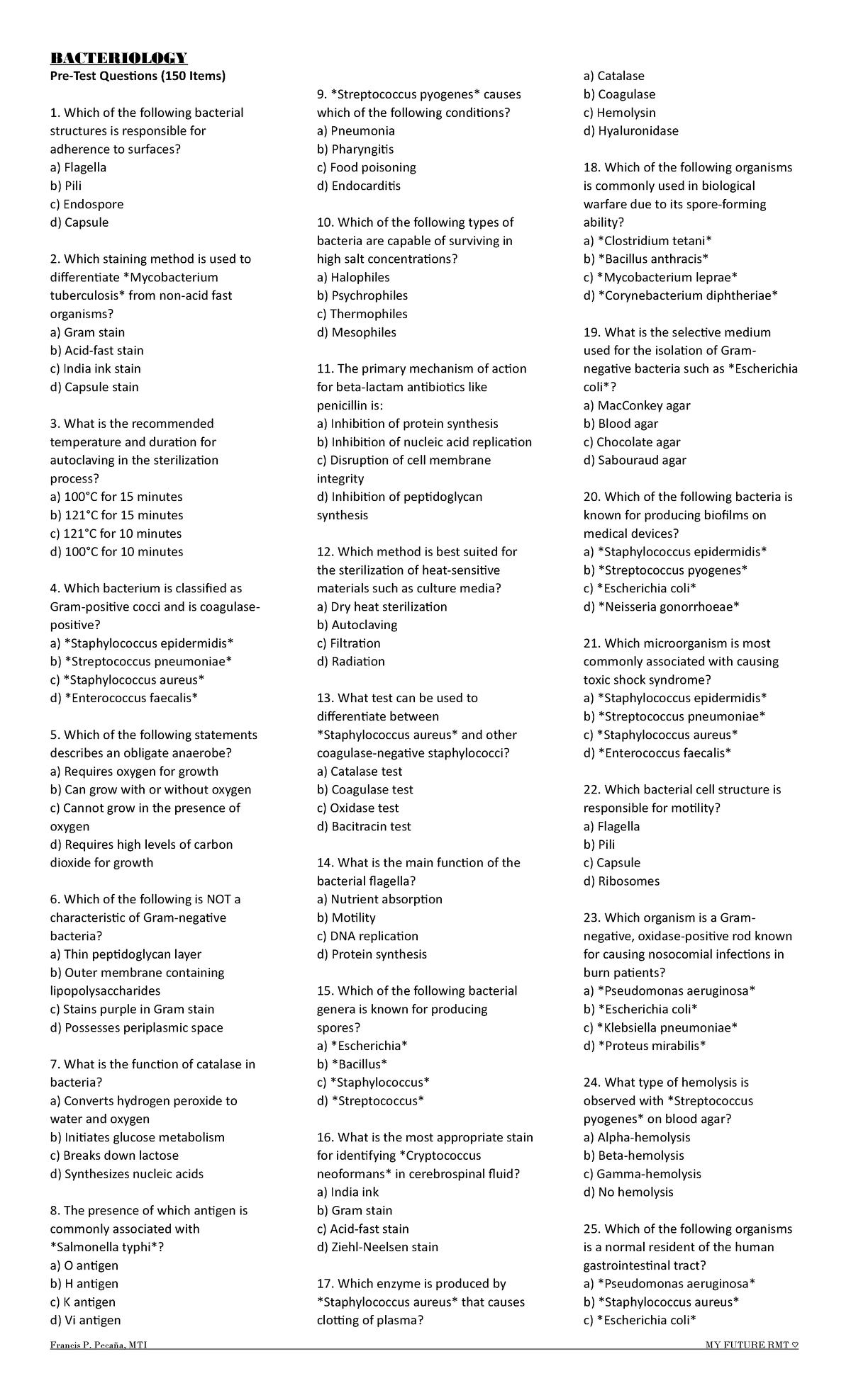 Bacteriology Pre test Post Test - Pre-Test Questions (150 Items) Which ...
